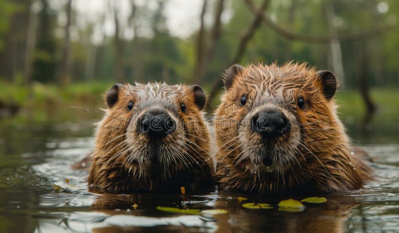 Two Beavers are Swimming in a Pond. they are Both Brown and Have Wet ...