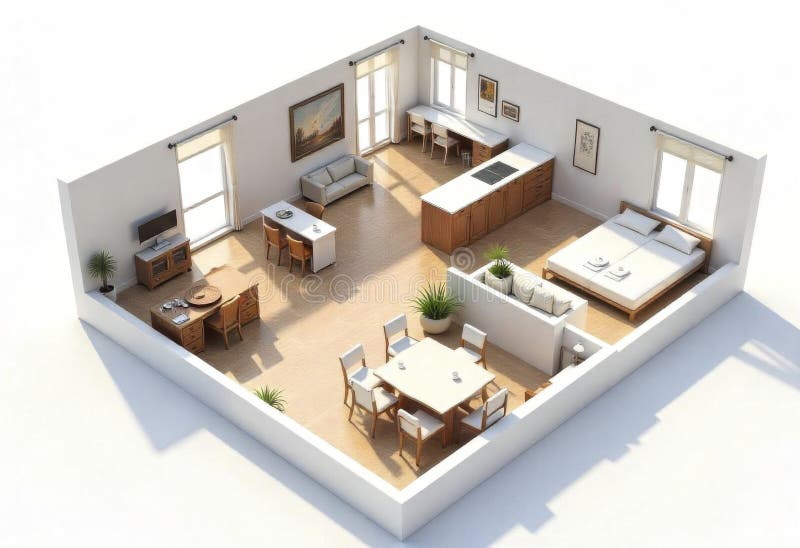 Isometric 3D Floor Plan of a Modern Apartment with Kitchen, Living, and ...