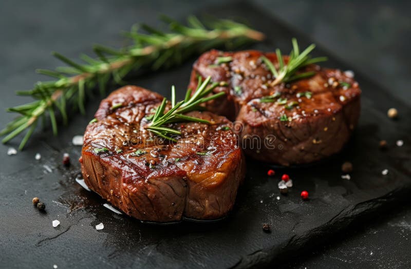 Two Beef Heart Steaks on a Dark Background Stock Photo - Image of ...