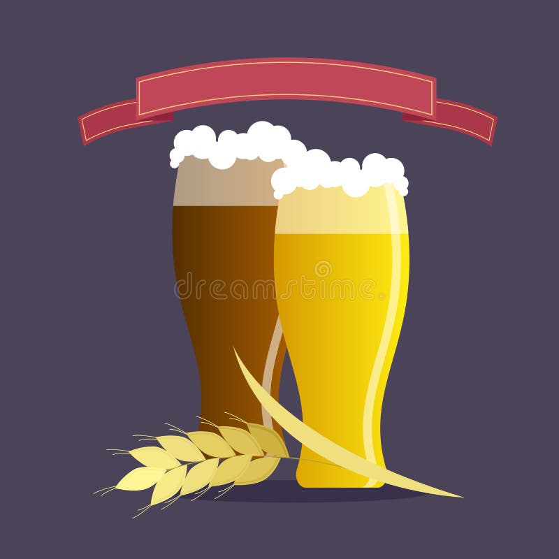 Two Beer Glass with Branch of Malt and Red Ribbon Stock Vector ...