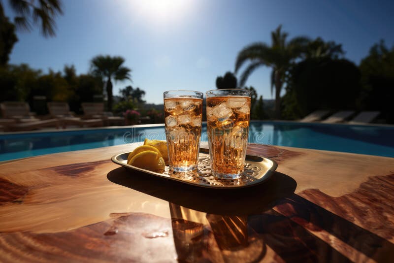 Two Beer Glasses Arranged on a Floating Tray in a Swimming Pool ...