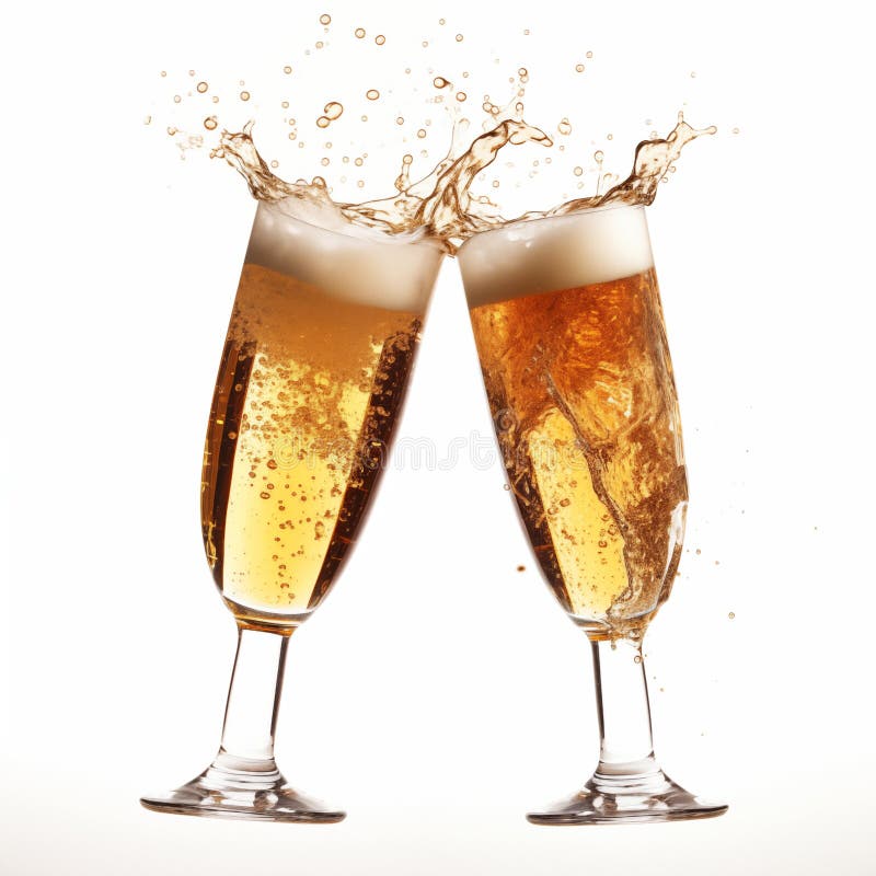 Two Beer Glasses Clinking Together with Splashes of Liquid on a White ...
