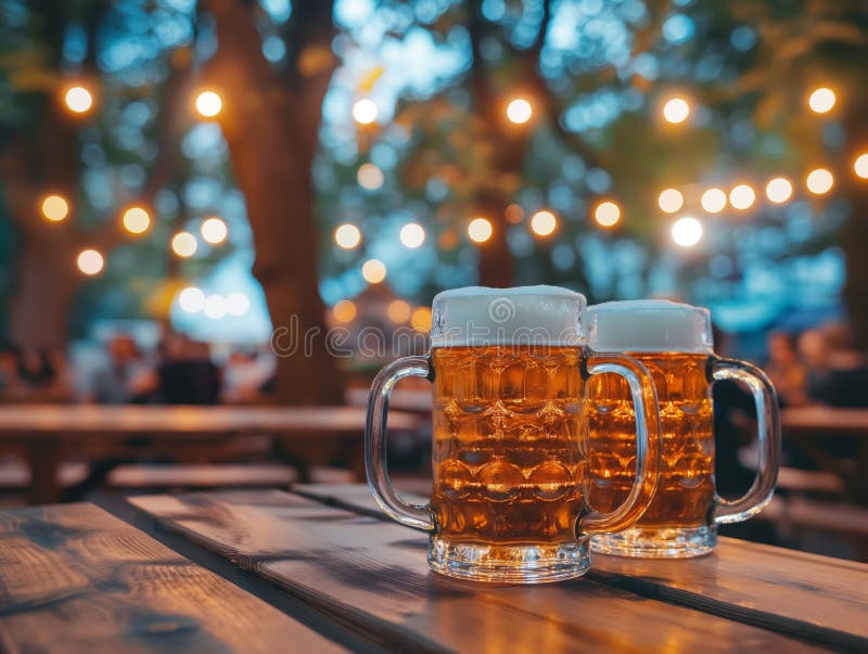 Two Beer Mugs on a Wooden Table in an Outdoor Setting Stock Image ...