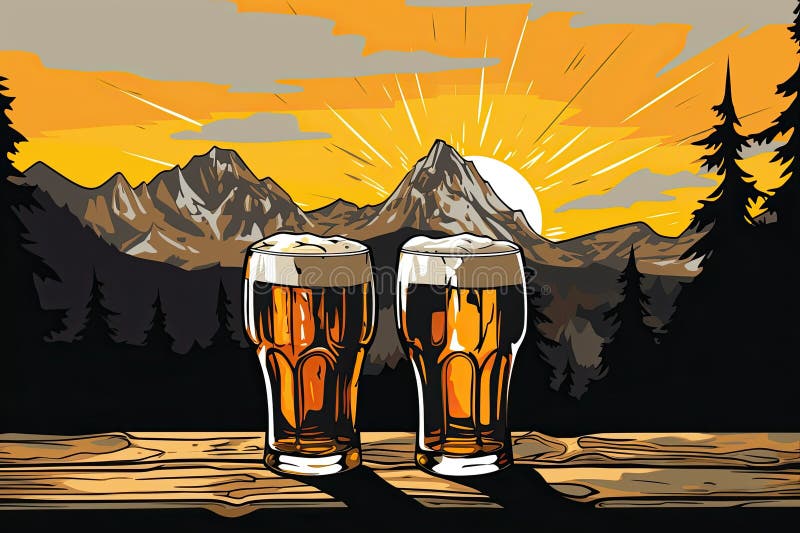 Two Beer on Wooden Table with Mountain View Landscape Stock ...
