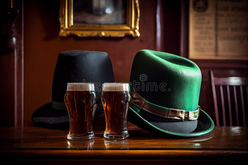 Two Beers, Hats and Costume for St. Patrick S Day at the Bar of an ...