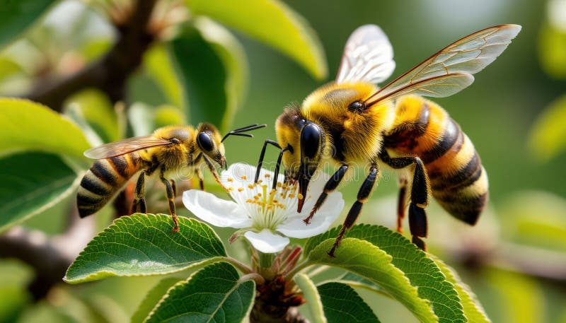 Two Bees are on a Flower, One of Them is Eating the Flower Stock ...