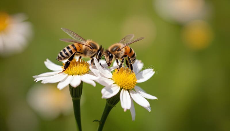 Two Bees are on a Flower, One of Them is on the Left Stock Illustration ...