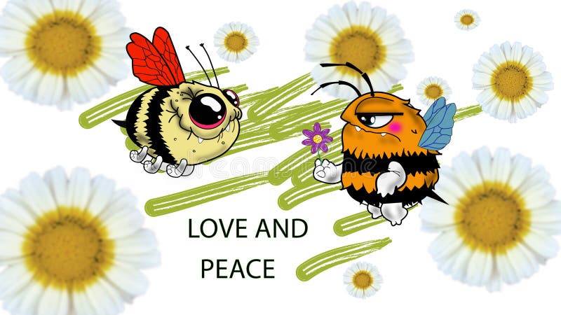Two Bees on Flowers. Love and Peace. Stock Illustration - Illustration ...