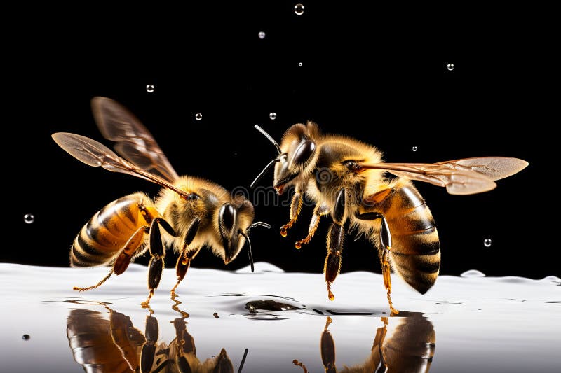 Two Bees are Flying in the Air Near Water and Bubbles of Water ...