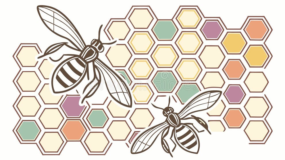 Two Bees on Hexagonal Pattern Illustration Insects and Geometry, Vector ...