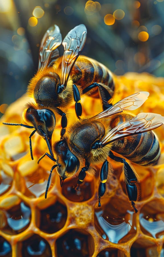 Two Bees are on a Honeycomb. the Bees are Close To Each Other and are ...