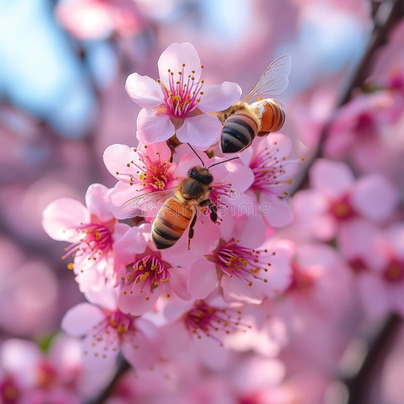Two Bees Pollinating Pink Cherry Blossom Flowers in a Vibrant Spring ...
