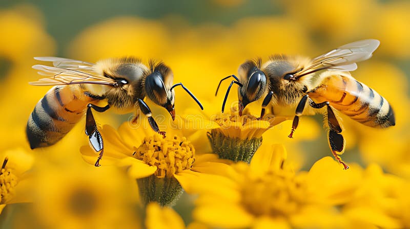 Two Bees Pollinating Yellow Flowers in Meadow, Close-up Stock ...