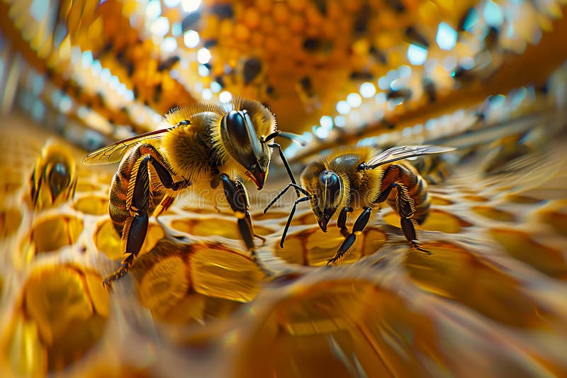 Two Bees are Standing in a Honeycomb Stock Photo - Image of flower ...