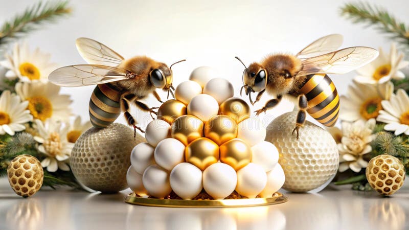 Two Bees Working Together on a Pyramid of Golden and White Spheres ...