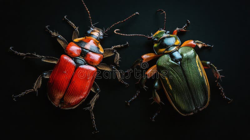 Two Beetles on Black Background: Red and Green Insect Closeup Stock ...