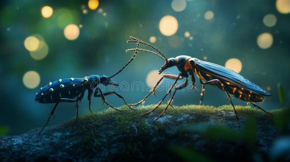 Two Beetles Interacting on Moss at Night Stock Illustration ...