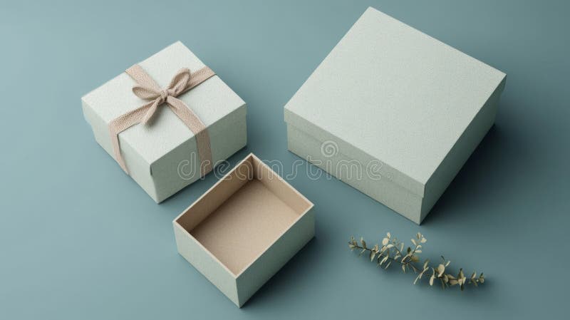 Two Beige Gift Boxes with Ribbon and Eucalyptus Sprig Stock ...