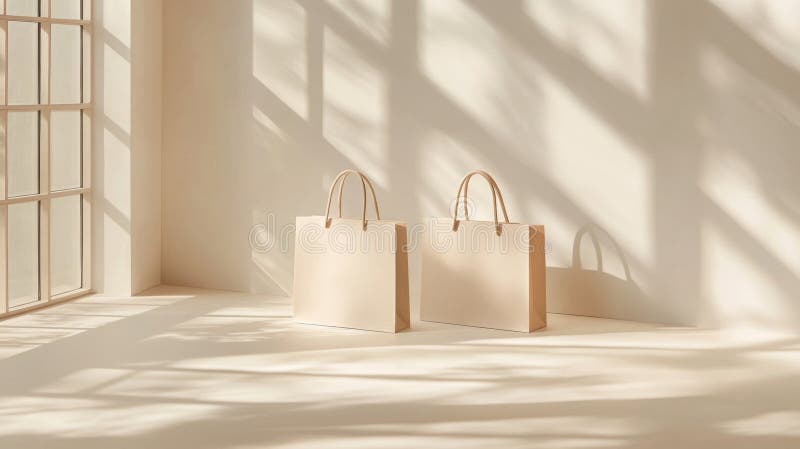 Two Beige Paper Shopping Bags Under Sunlight in Minimalist Setting and ...