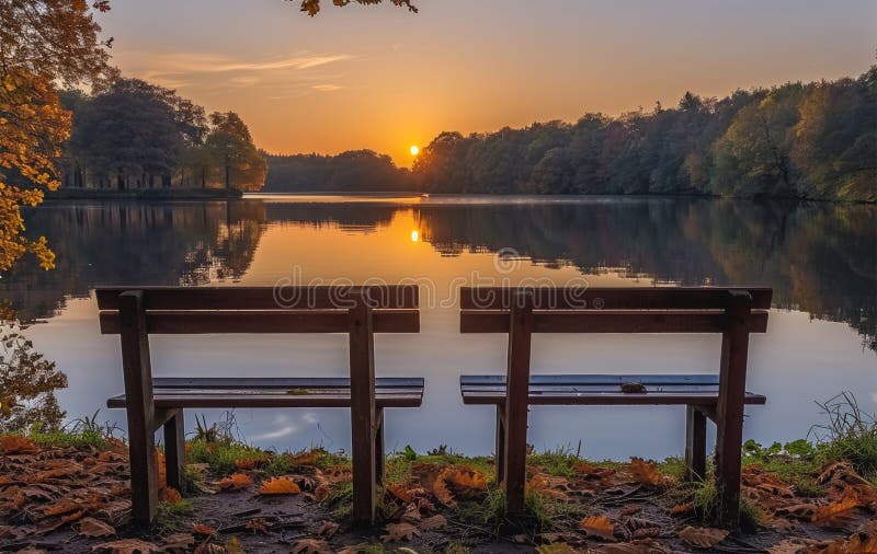 Two Benches Facing Each Other Overlooking a Lake at Sunset, AI Stock ...