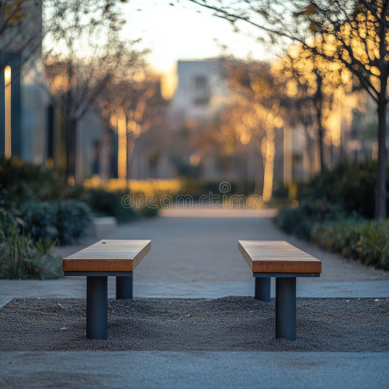 Two Benches Facing Each Other on a Sunlit Park Pathway. Stock Image ...