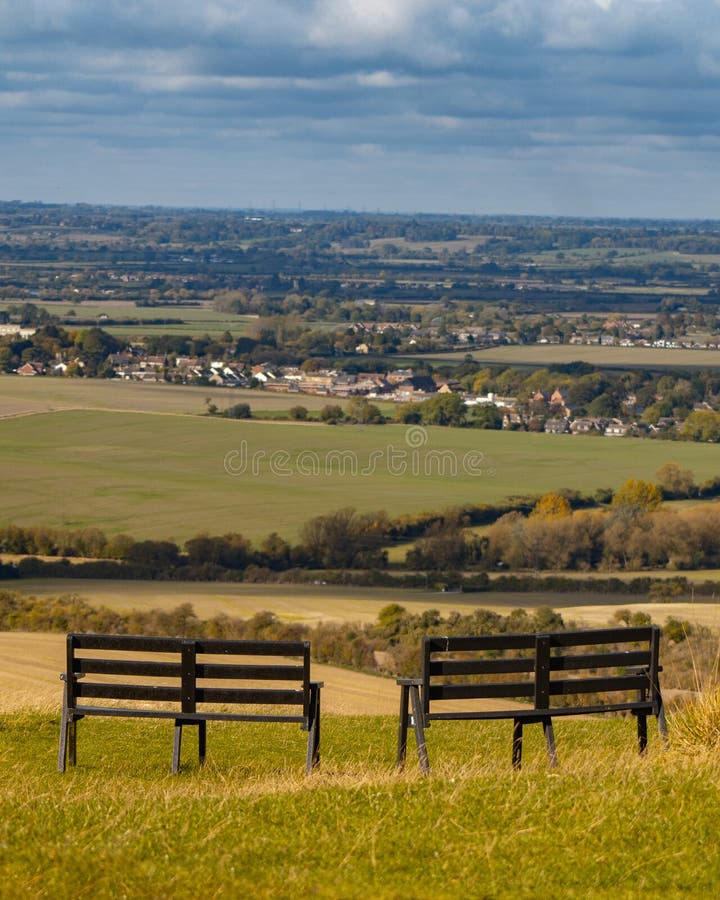 Two Benches on Hill Top Overlooking the Village Stock Photo - Image of ...