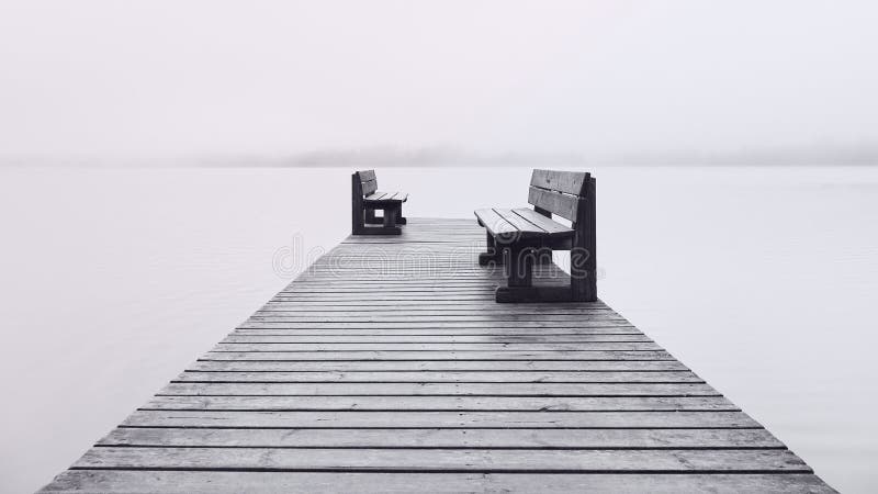 Two Benches, Pier and Fog on the Lake. Stock Image - Image of bench ...
