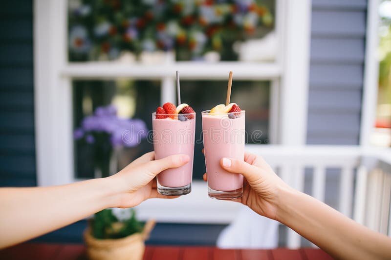 Two Berry Smoothies Clinking in a Cheers at a Summer Gathering Stock ...
