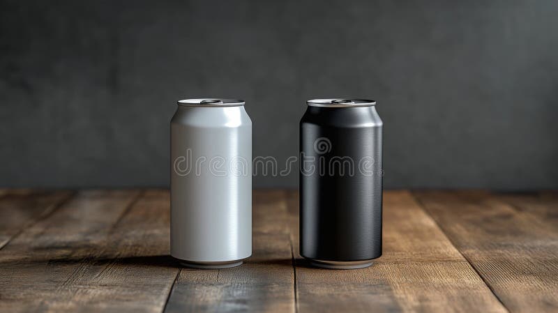 Two Beverage Cans Displayed on a Wooden Table with a Neutral Background ...