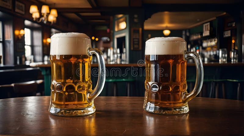 Two Big Beer Mugs on Table in Pub. Stock Photo - Image of summer ...