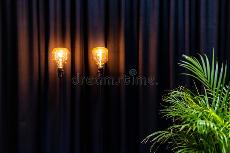 Two Big Decorative Bulbs with Golden Warm Light on Long Black Pole in ...