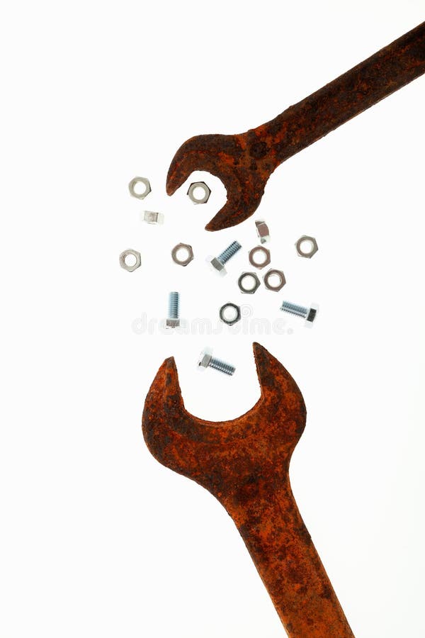 Two Big Rusty Wrench, Close-up. Interaction and Cooperation. Abstract ...