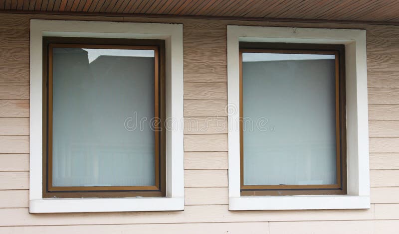Two Big Windows on the Wood Pattern Wall Stock Image - Image of pattern ...