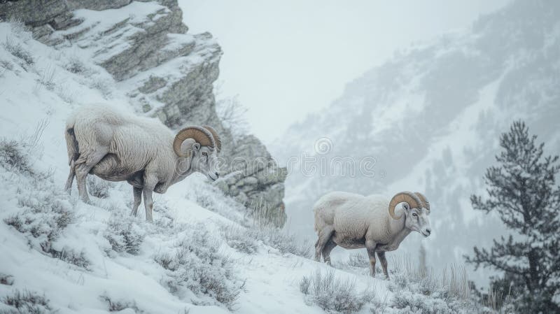 Two Bighorn Sheep Standing in Snowy Mountain Landscape Stock ...