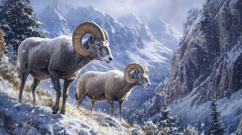Two Bighorn Sheep Standing on a Snowy Mountainside Stock Illustration ...