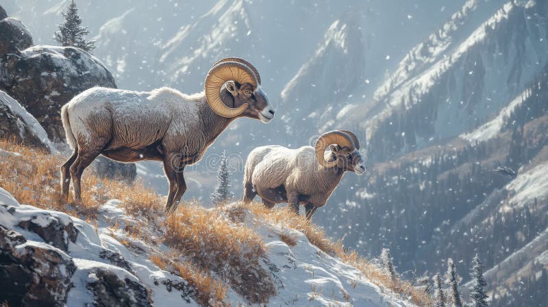 Two Bighorn Sheep Standing on a Snowy Mountainside Stock Illustration ...