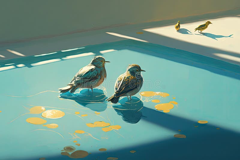 Two Bird in Sun-drenched Pool Stock Image - Image of pool, generative ...