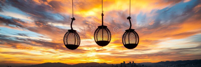 Two Birdcages Dangle from a Wire Against a Sunset Backdrop, Framing a ...