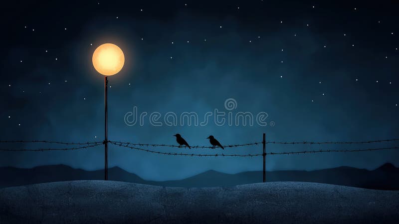 Two Birds on Barbed Wire Under a Glowing Street Lamp at Night Stock ...