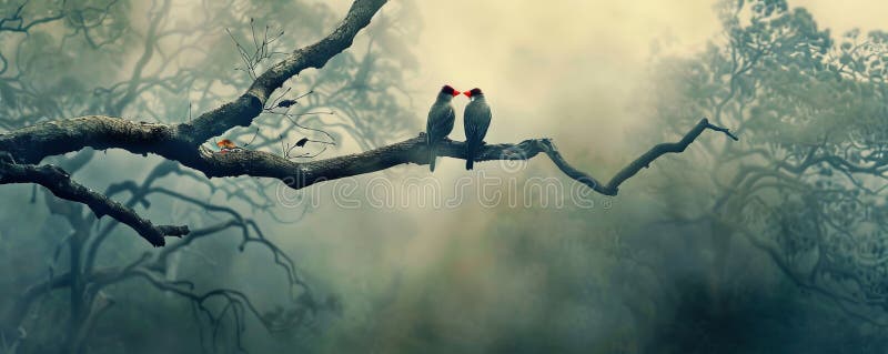 Two Birds on a Branch in a Misty Forest, Serene Nature Scene Stock ...