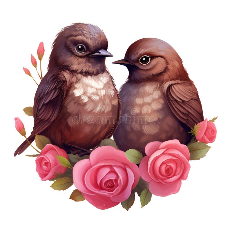 Two Birds on a Branch with Roses Stock Photo - Illustration of pair ...