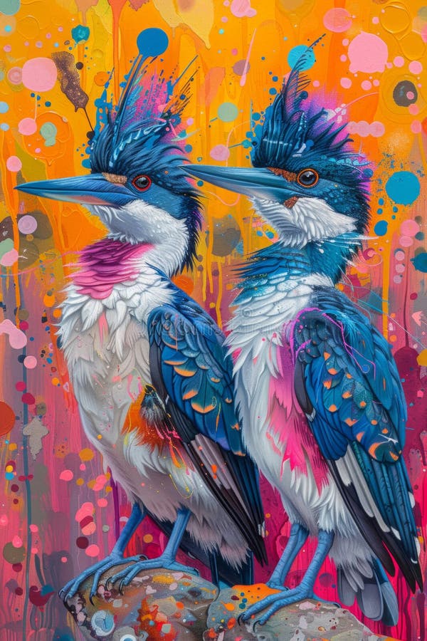 Two Birds with Colorful Feathers Standing on Top of a Rock, AI Stock ...