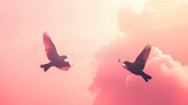 Two Birds Exchanging Objects in Sunset Sky, Clouds Background, Peace ...