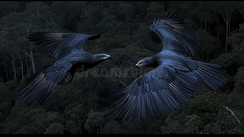 Two Birds Facing, Flight, Dark Forest, Dusk, Wildlife Stock Photo ...