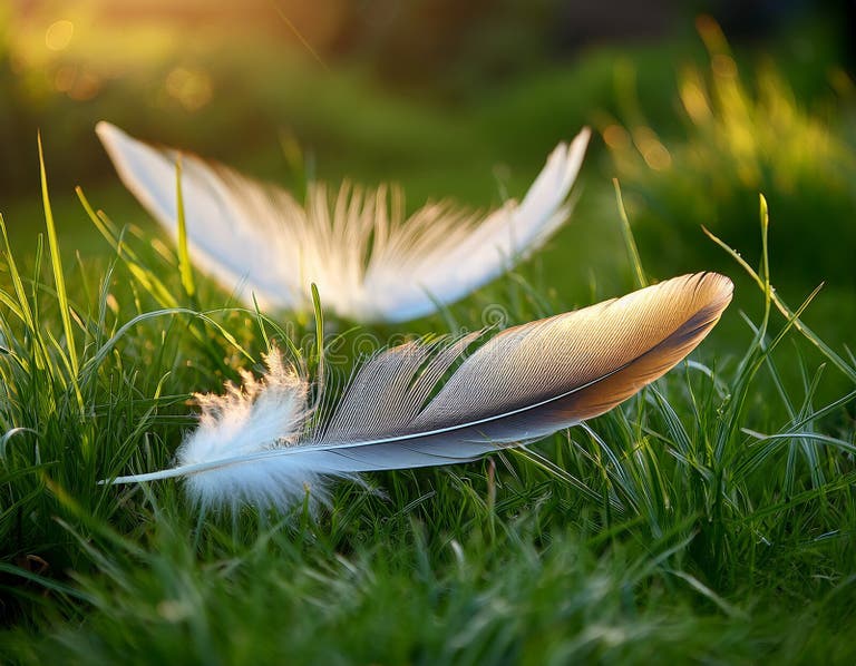 Two Birds Feathers Lying Side by Side on Soft Grass, Symbolizing ...