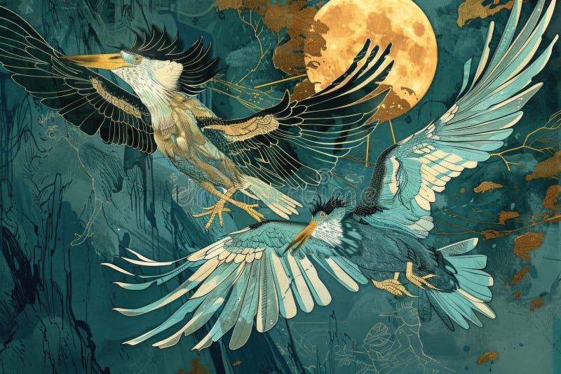 Two Birds Flying in Front of a Full Moon. Great for Nature and Night ...