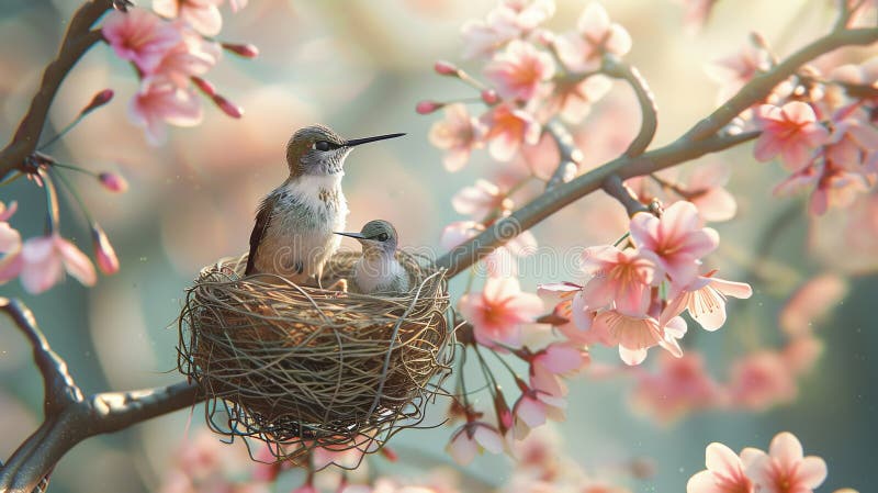 Two Birds Nesting in a Cherry Blossom Tree, Surrounded by Beautiful ...