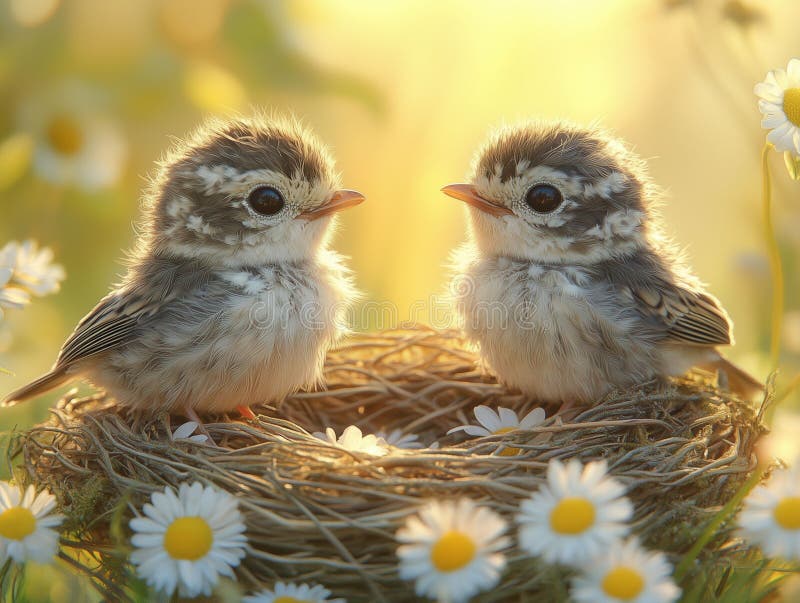 Two Birds Nesting in Daisy Meadow Stock Illustration - Illustration of ...