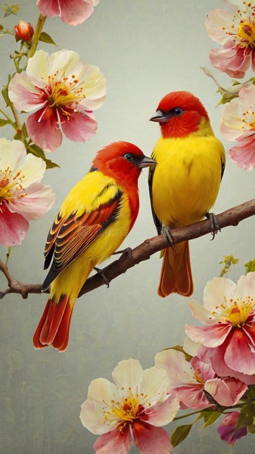 Two Beautiful Birds Sitting on the Flower Tree Branch. Mobile Wallpaper ...