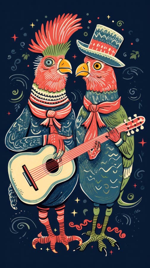 Two Birds Playing Guitar and Singing, AI Stock Photo - Image of ...